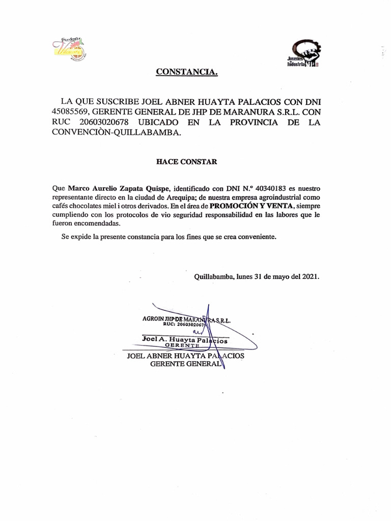 Constancia de Representante JHP S.R.L. | PDF