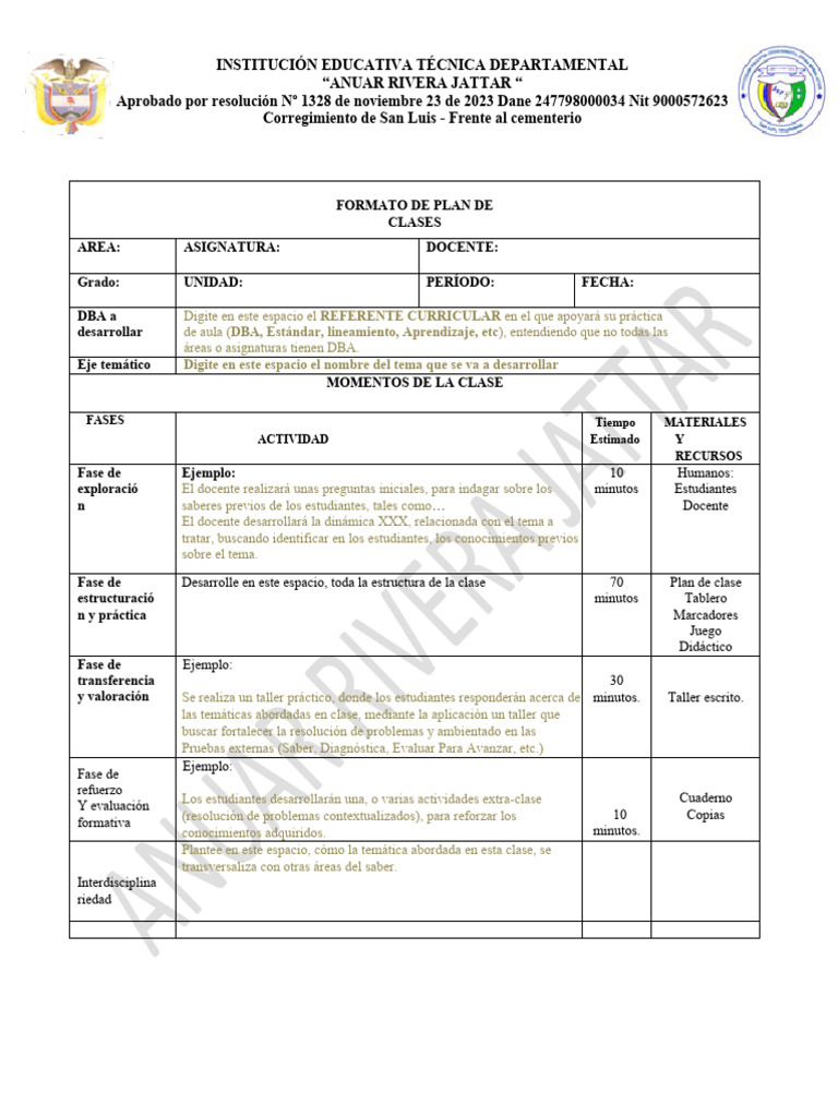 1. FORMATO PLAN DE CLASES | Descargar gratis PDF | Evaluación | Enseñando