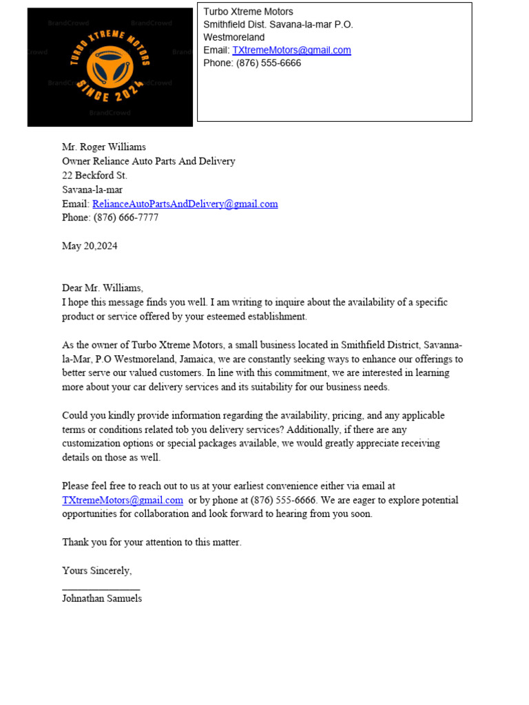 Letter of inquiry and complaint example | PDF | Car | Vehicles