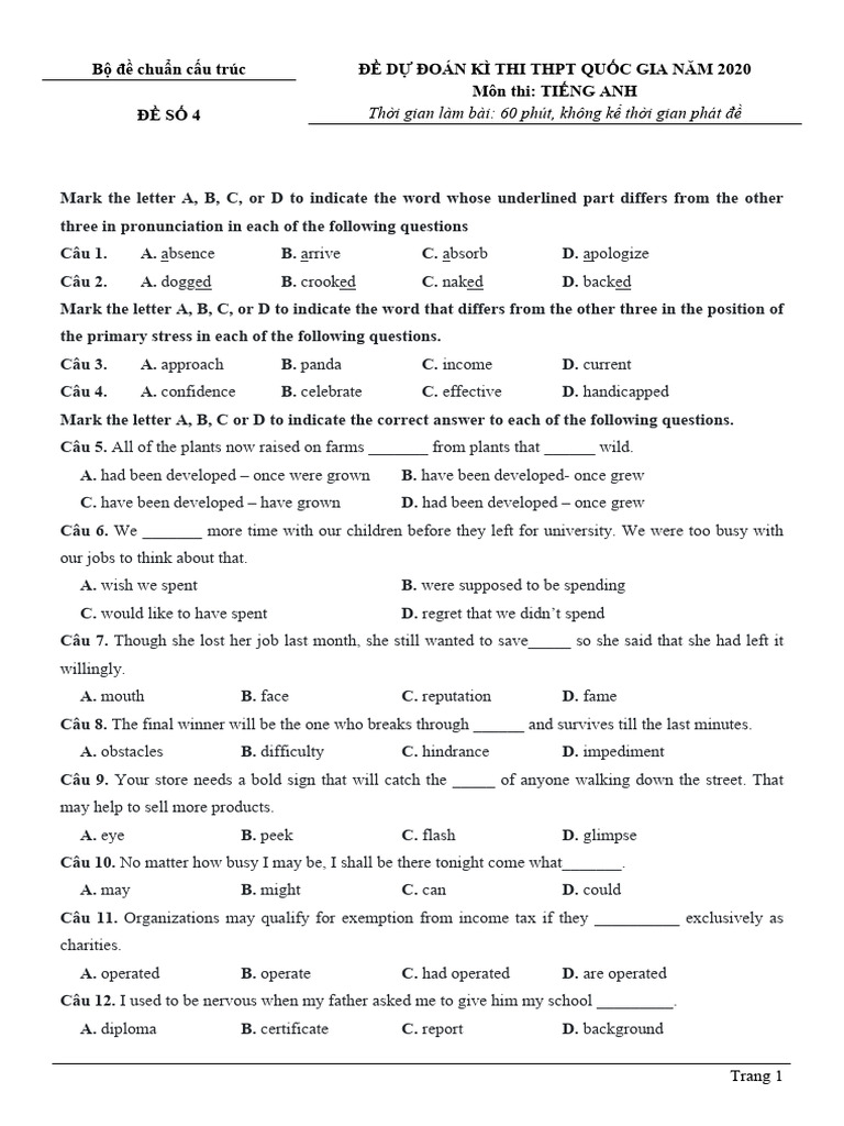 Đề Chuẩn Tiếng Anh 2020 - Đề 4 | PDF | Multilingualism | Human