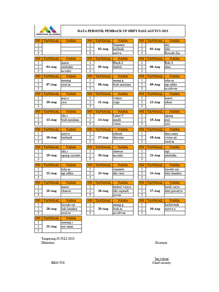 Jadwal Beck Up AGUSTUS | PDF