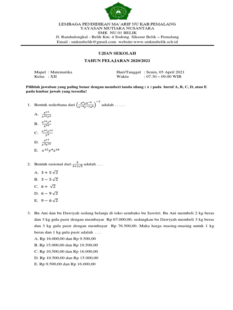 Soal Utama Matematika | PDF