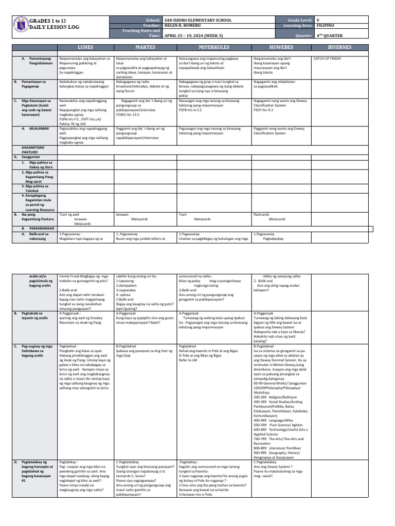 DLL - Filipino 5 - Q4 - W3 | PDF