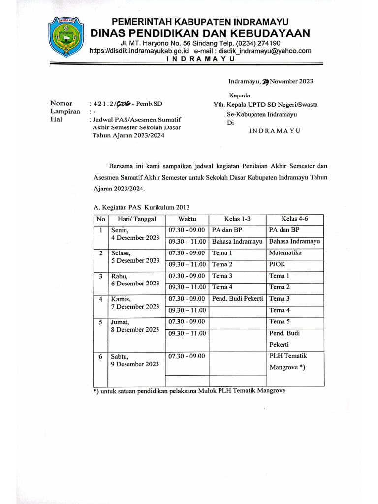 6226-Jadwal PAS SD TA 2023-2024 | PDF