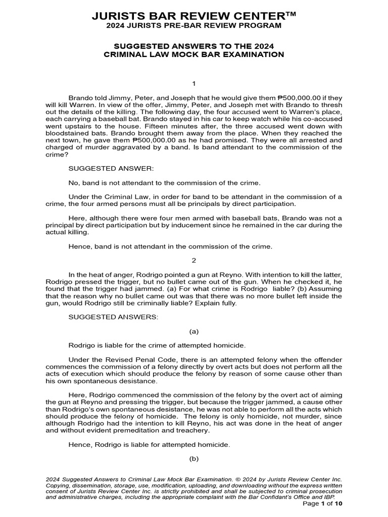 SUGGESTED ANSWERS TO THE 2024 CRIMINAL LAW MOCK BAR EXAMINATION | PDF ...