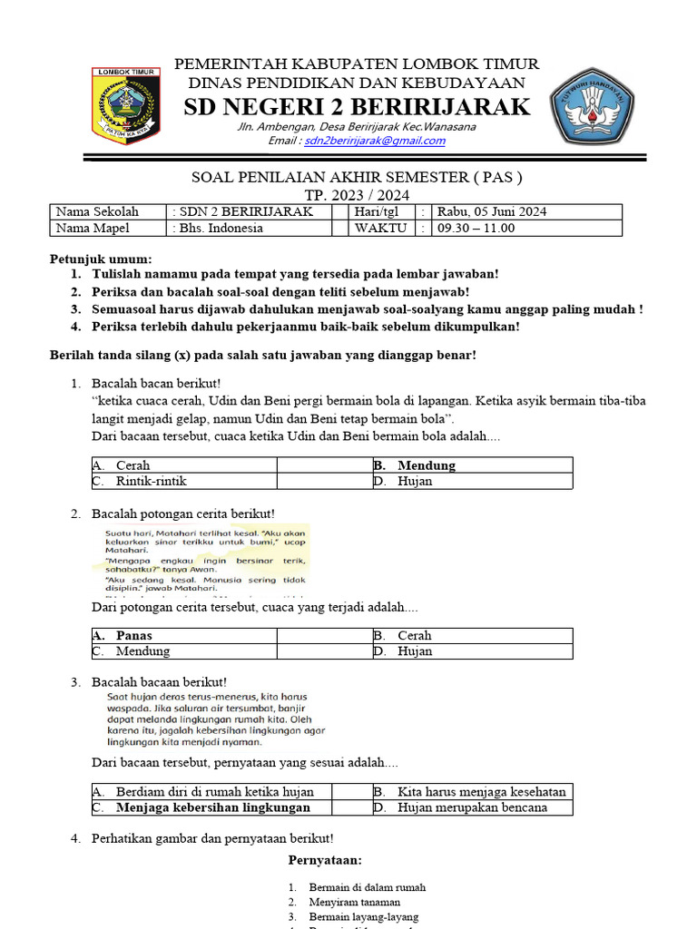 Naskah Soal PAT B. Indonesia | PDF
