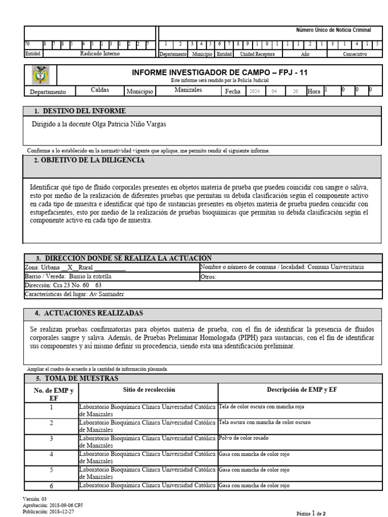 Informe de Pruebas Forenses en Manizales | PDF | Laboratorios | Reactivo
