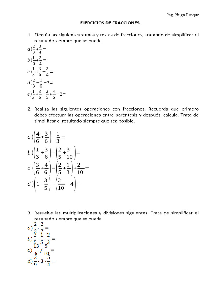 Ejercicios de Fracciones | PDF