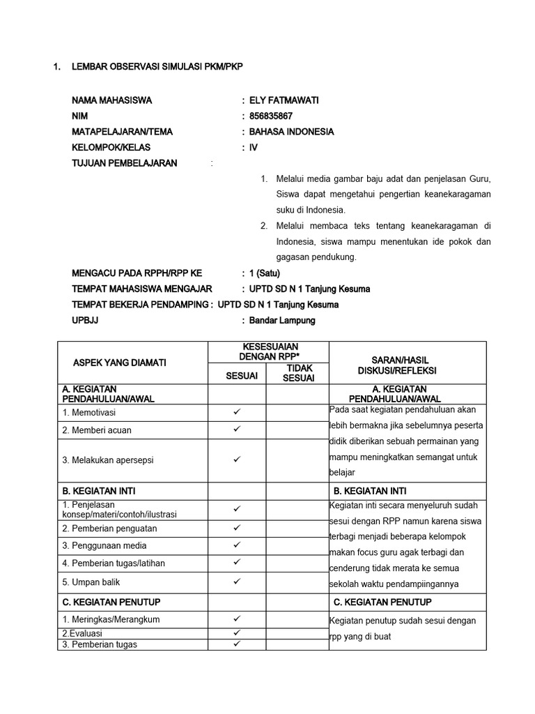 4. LEMBAR OBSERVASI ELY | PDF