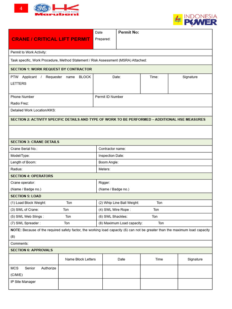 Crane-Critical Lift Permit - PTW Procedure | PDF | Crane (Machine)