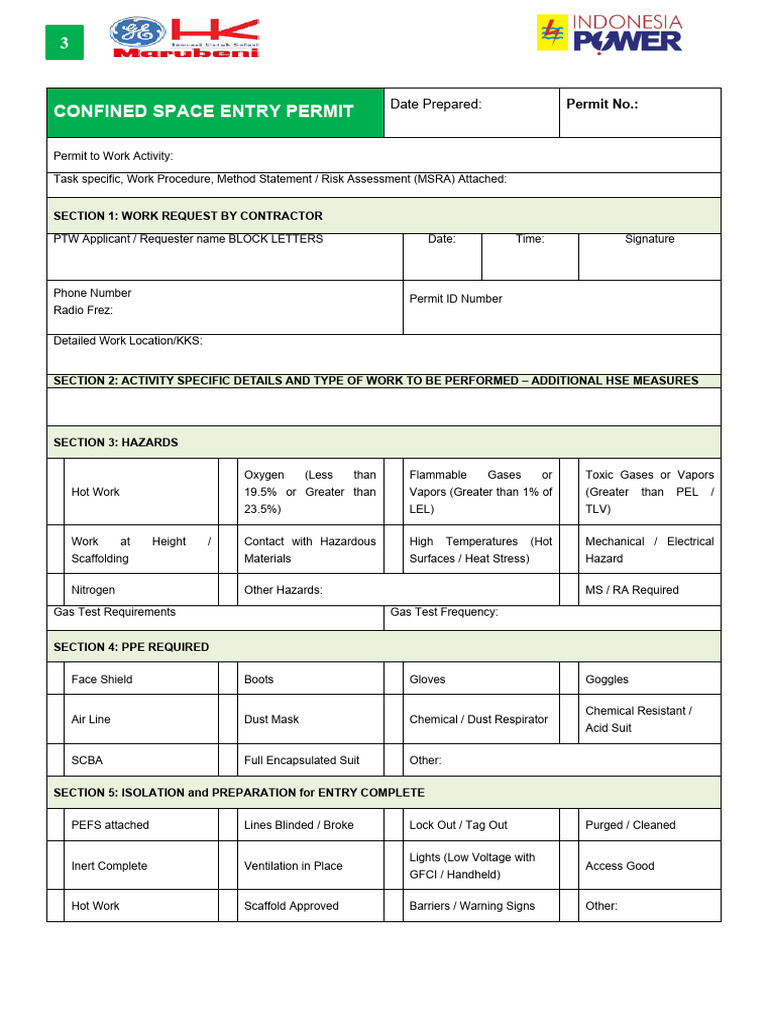 Confined Space Entry Permit Guide | PDF | Occupational Safety And Health | Safety