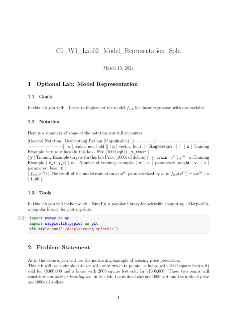 C1 W1 Lab02 Model Representation Soln | PDF | Regression Analysis | Linear Regression