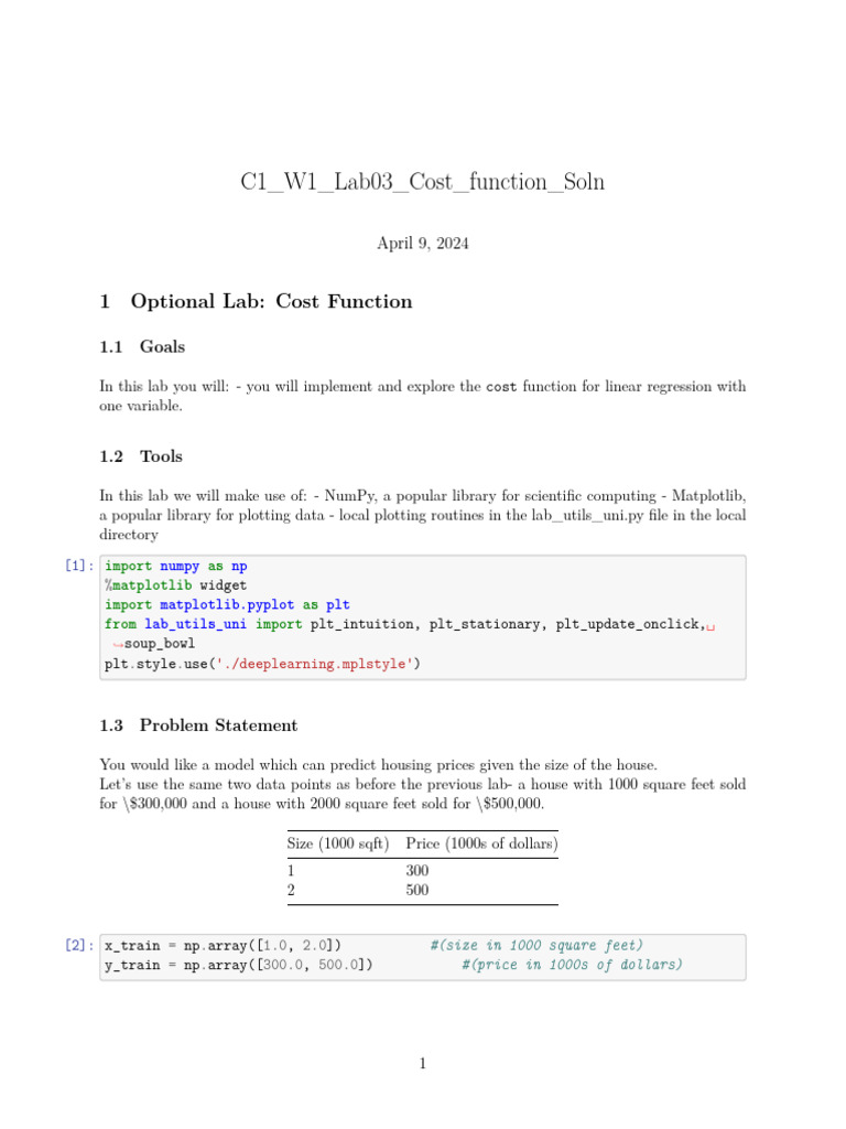 C1 W1 Lab03 Cost Function Soln | PDF | Loss Function | Prediction
