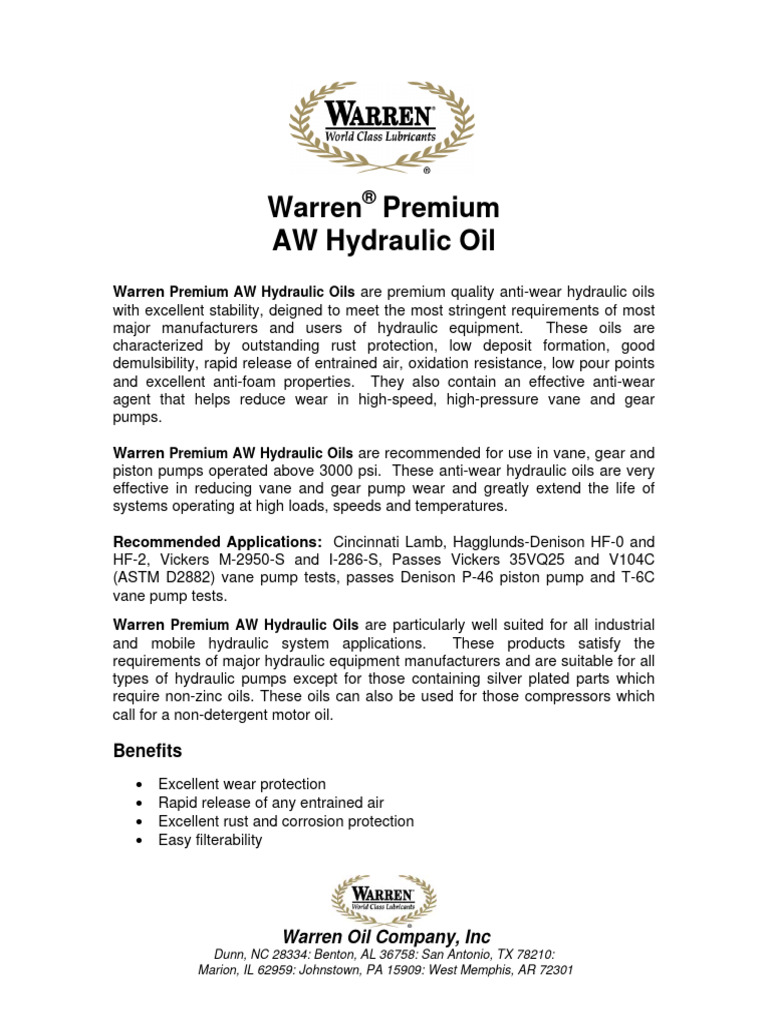 PDS - Warren Premium AW Hydraulic Oil | PDF | Pump | Wear