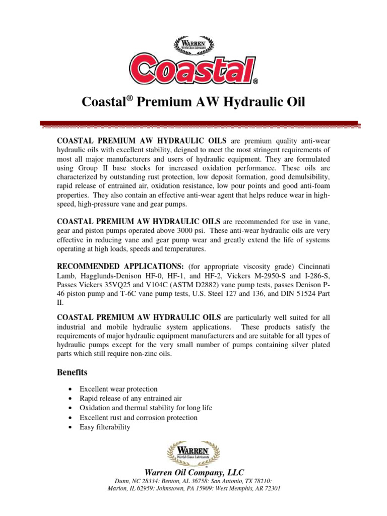 PDS - Coastal Premium AW Hydraulic Oils | PDF | Pump | Materials