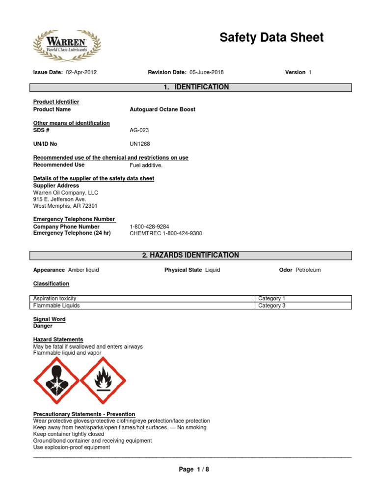 Autoguard Octane Boost Safety Data Sheet | PDF | Dangerous Goods ...