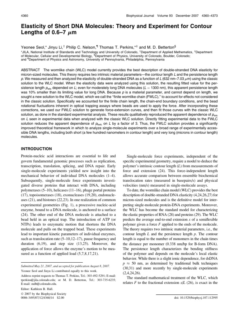 Elasticity of Short DNA Molecules Theory and Experiment For Contour ...