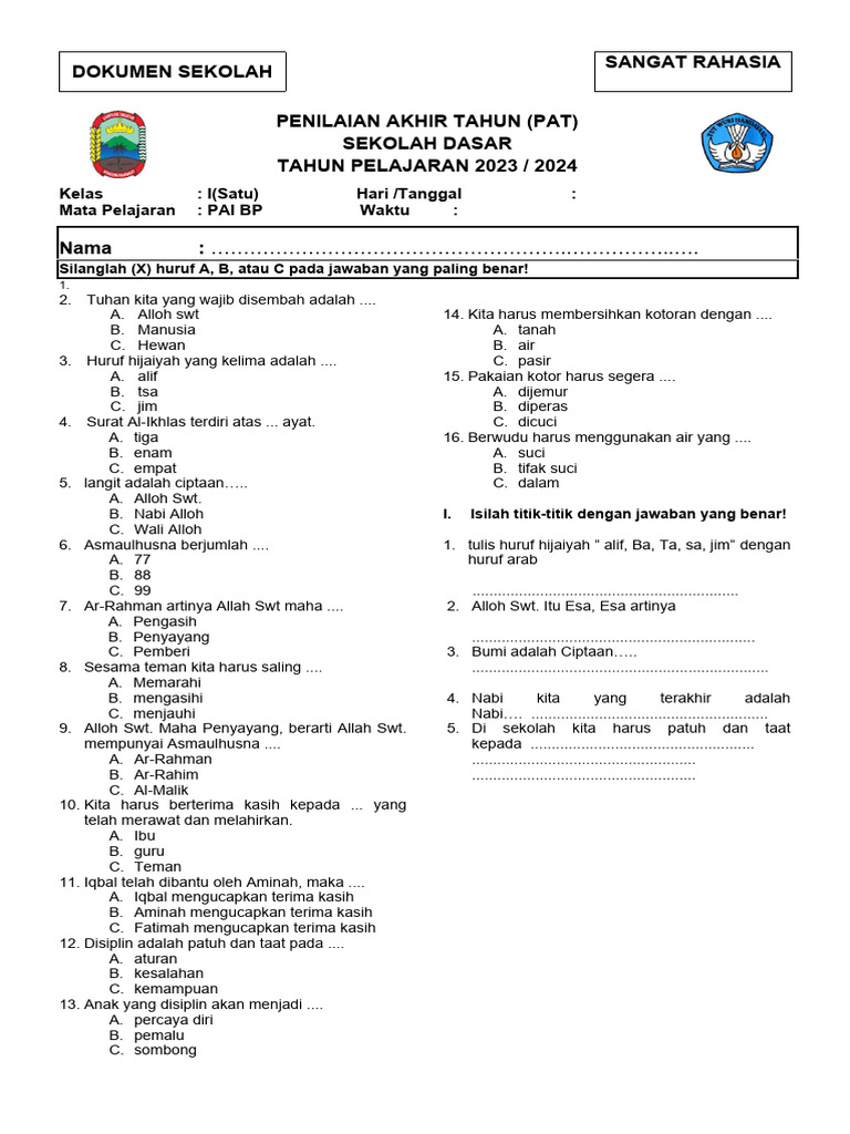 SOAL Agam KELAS 1 SEMESTER 2 | PDF