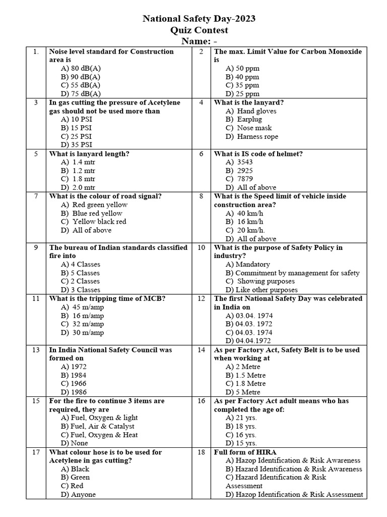 Safety Quiz 2023 1 | Download Free PDF | Safety | Occupational Safety ...
