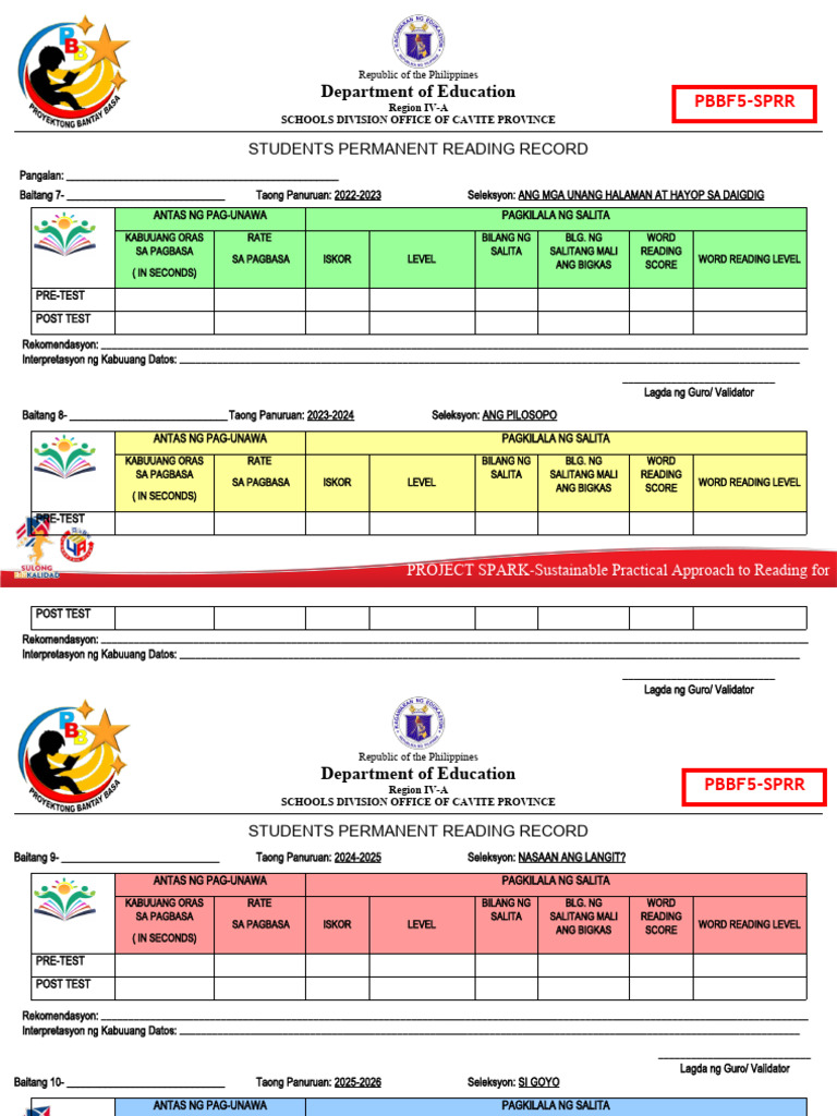 Form 5 Reading Permanent Record JHS | PDF
