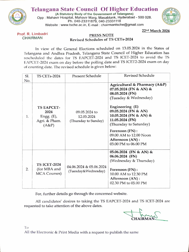 Press Release On Revised Schedule of TS EAPCET-2024 | PDF