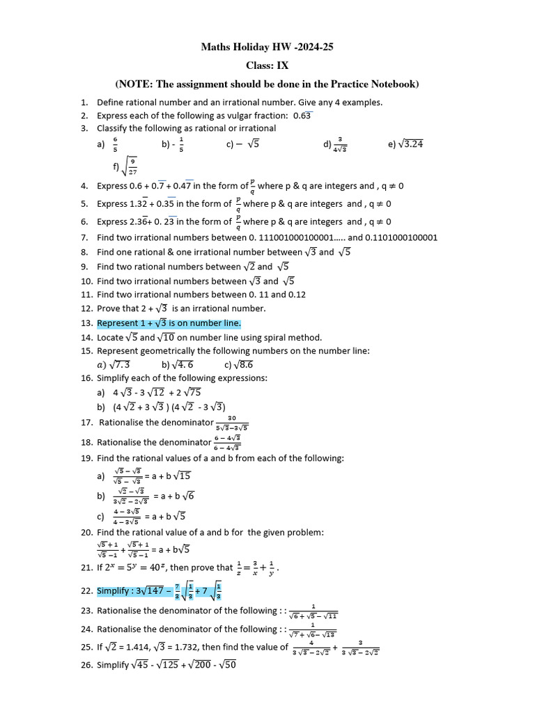 Maths Holiday HW For Class 9-Practice Sheet | PDF | Rational Number ...