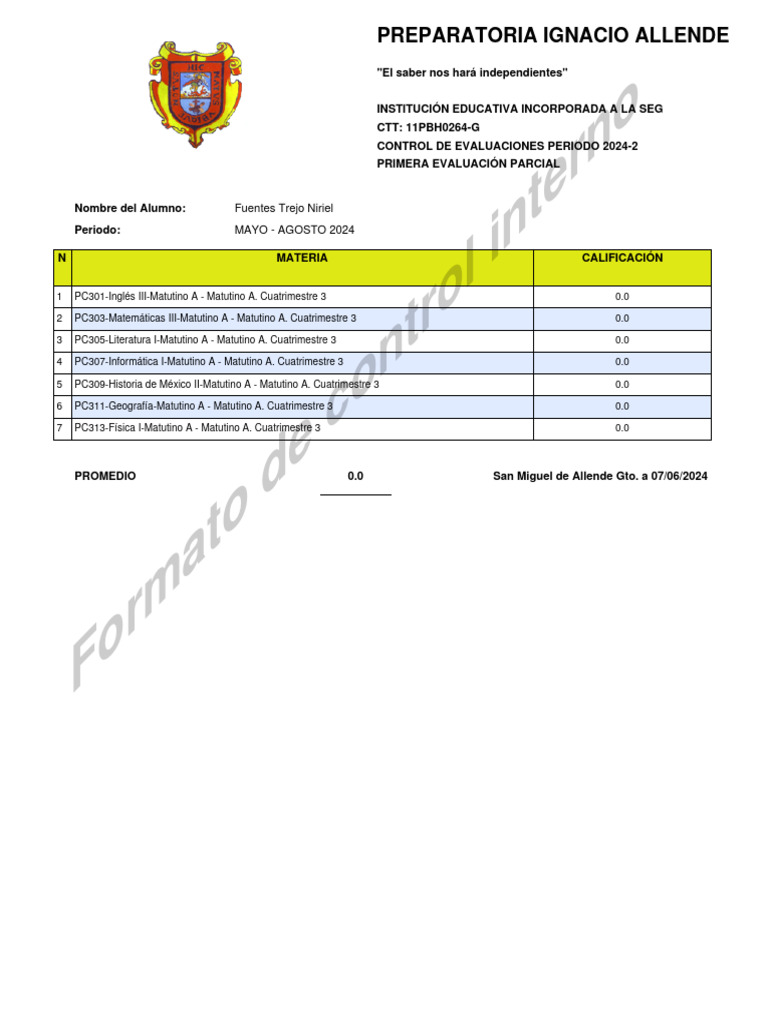Formato de Control Interno: Preparatoria Ignacio Allende | PDF