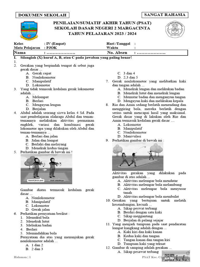Soal Psat Kelas 4 Pjok Kumer 2023-2024 | PDF