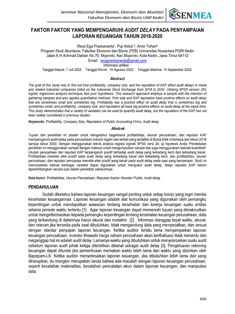 Faktor Faktor Yag Mempengaruhi Audit Delay Pada Penyampaian Laporan Keuangan Tahun 2018 - 2020 ...