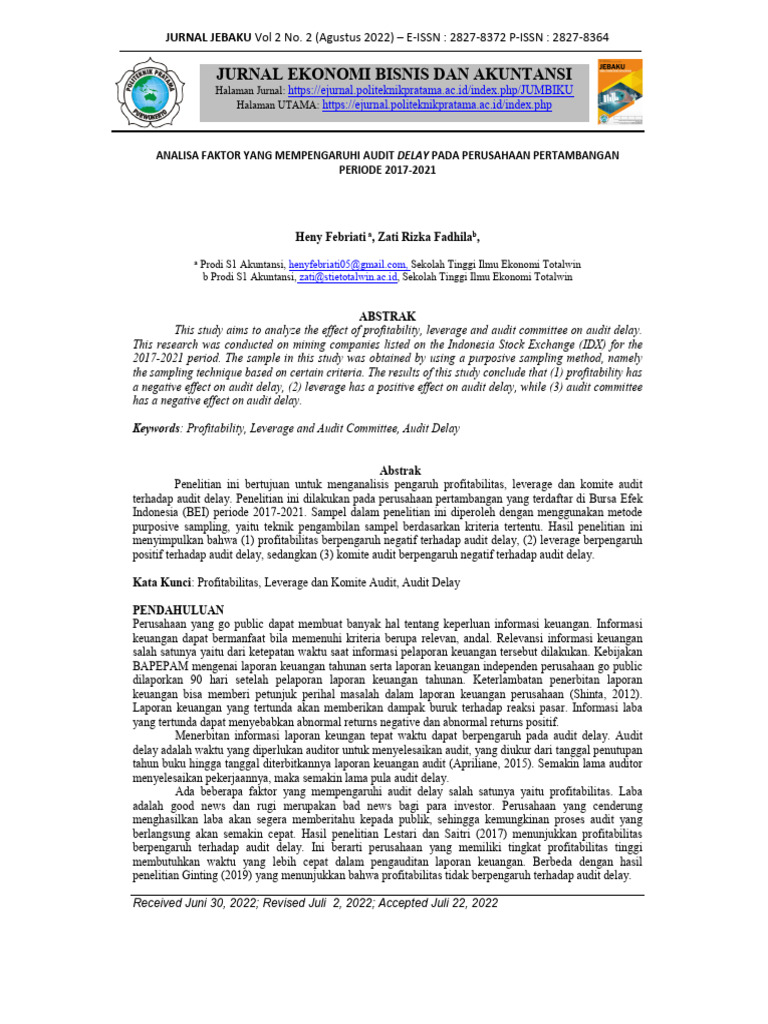 Analisa Faktor Yang Mempengaruhi Audit Delay Pada Perusahaan Pertambangan Periode 2017 - 2021 ...