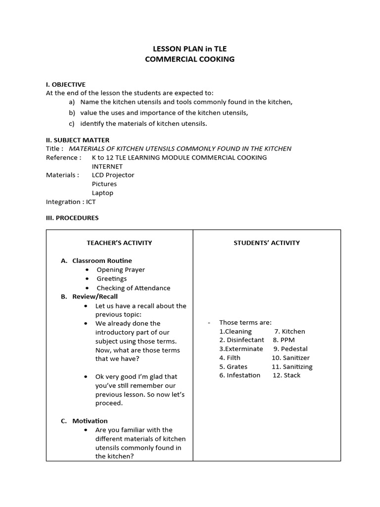 LESSON_PLAN_in_TLE | PDF | Cookware And Bakeware | Kitchen Utensil