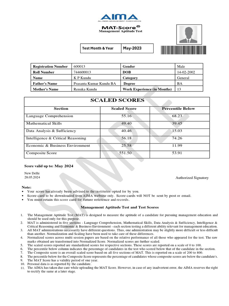 MAT Score Card Interpretation | PDF | Data Analysis | Standard Score
