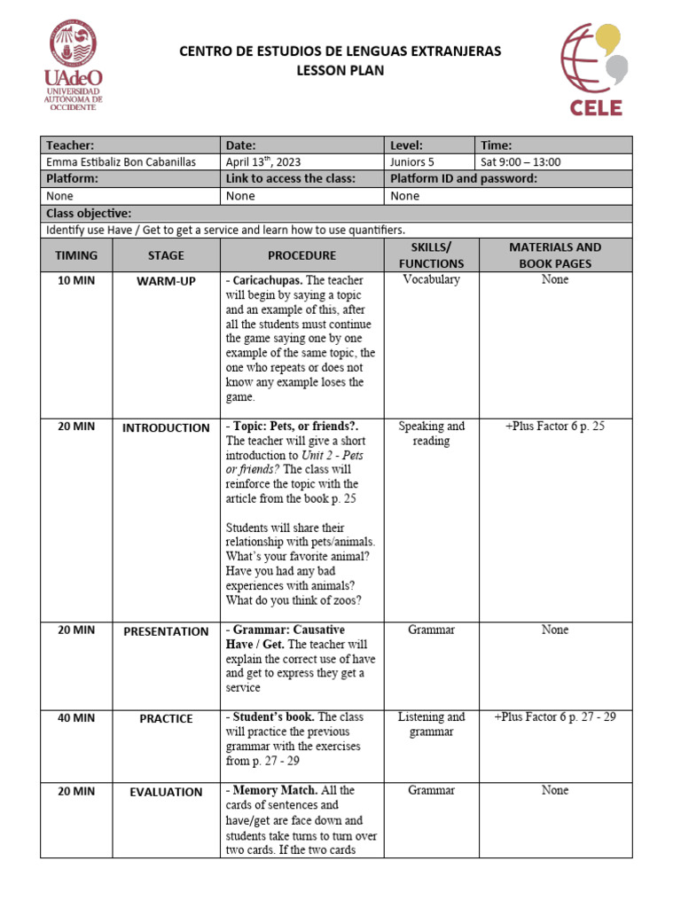 Lesson Plan Juniors 06 Saturday UAdeO April 13th Teacher Emma Bon | Download Free PDF | Lesson ...