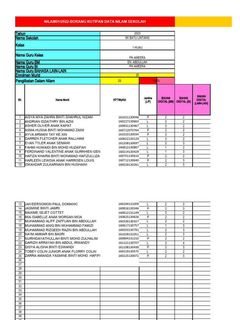 Kutipan Data Nilam SK Batu Lintang Oktober 2023 | PDF
