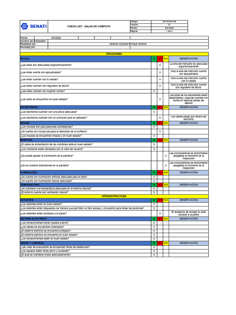 Check List - Salas de Cómputo | PDF | Factores humanos y ergonomía