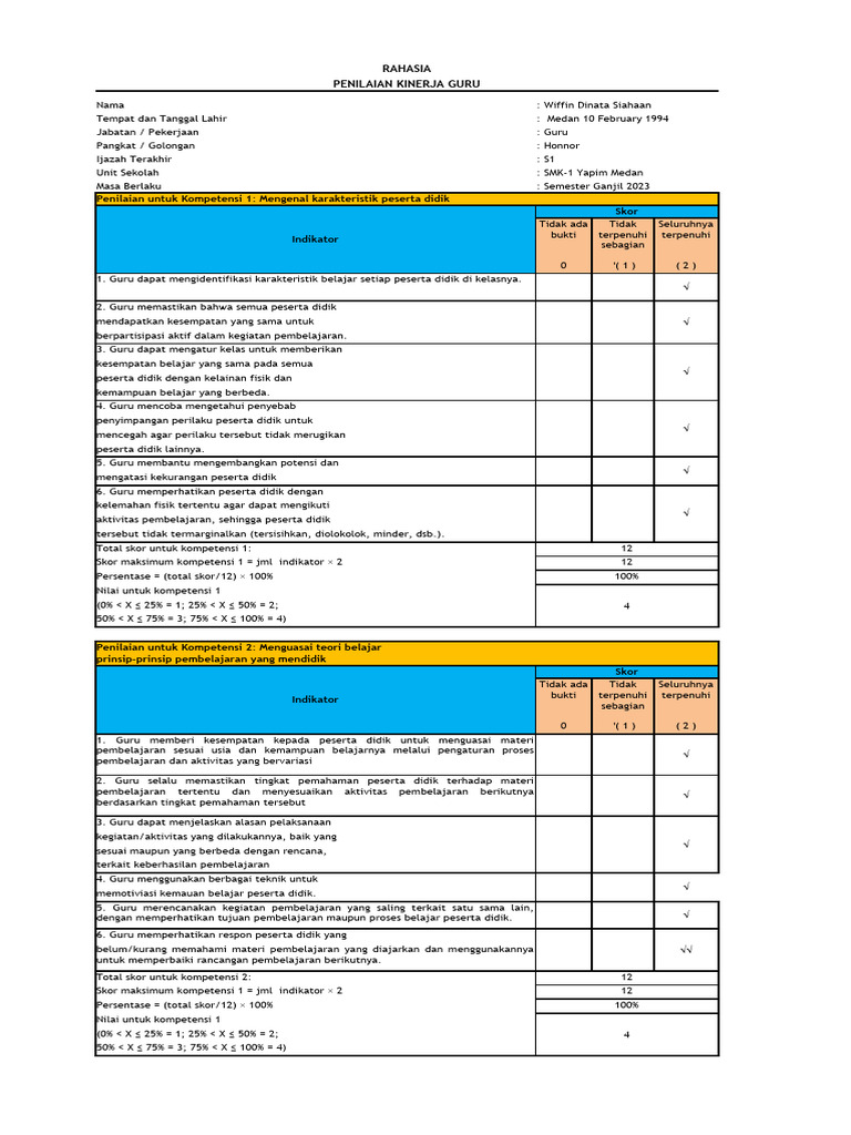 Penilaian Kinerja Guru SMK-1 Yapim Medan | PDF