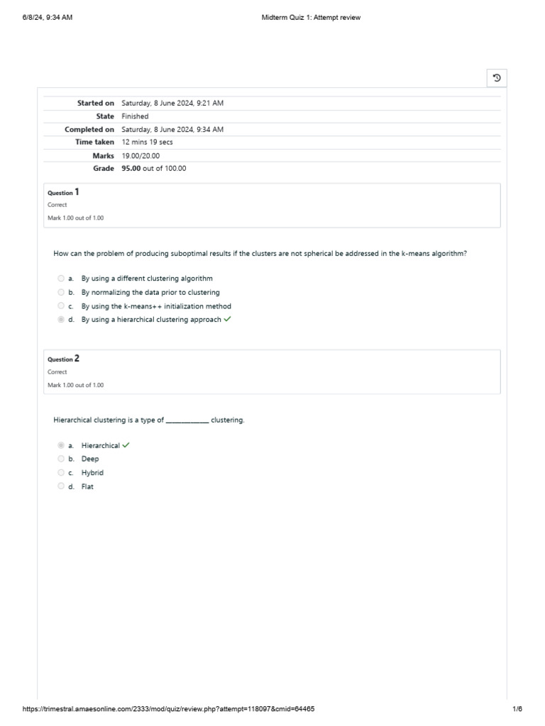 Midterm Quiz 1 - Attempt Review | PDF | Cluster Analysis | Artificial Neural Network