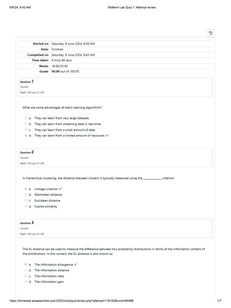 Midterm Lab Quiz 1 - Attempt Review | PDF | Cluster Analysis | Probability