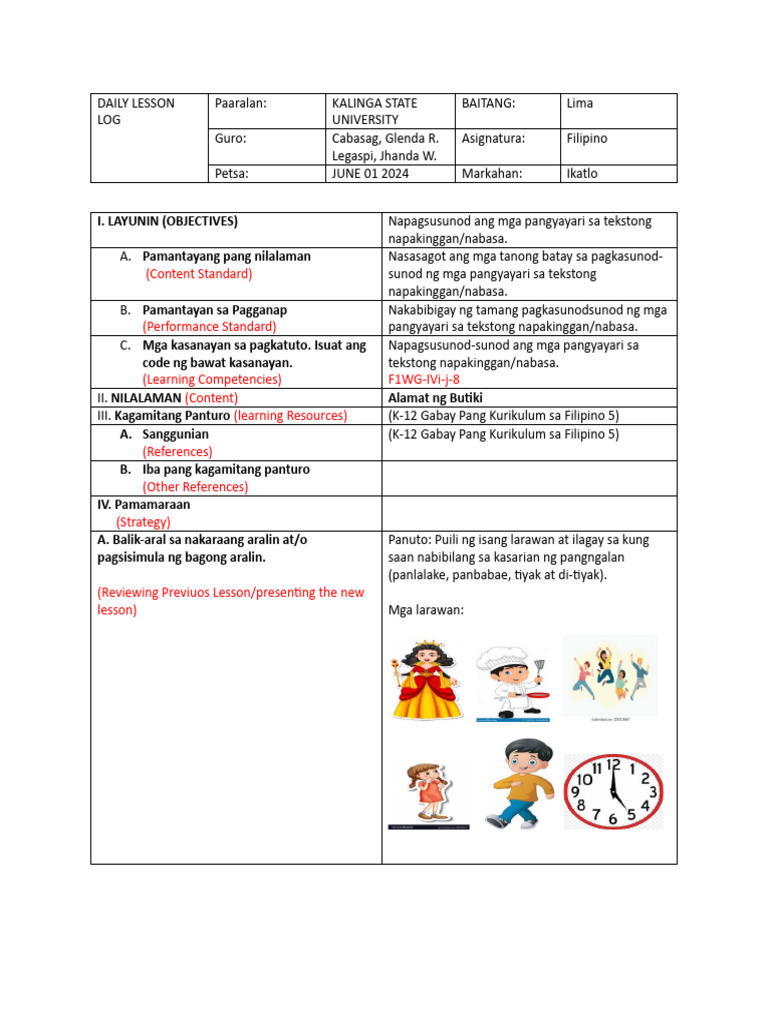 DAILY LESSON LOG Filipino | PDF