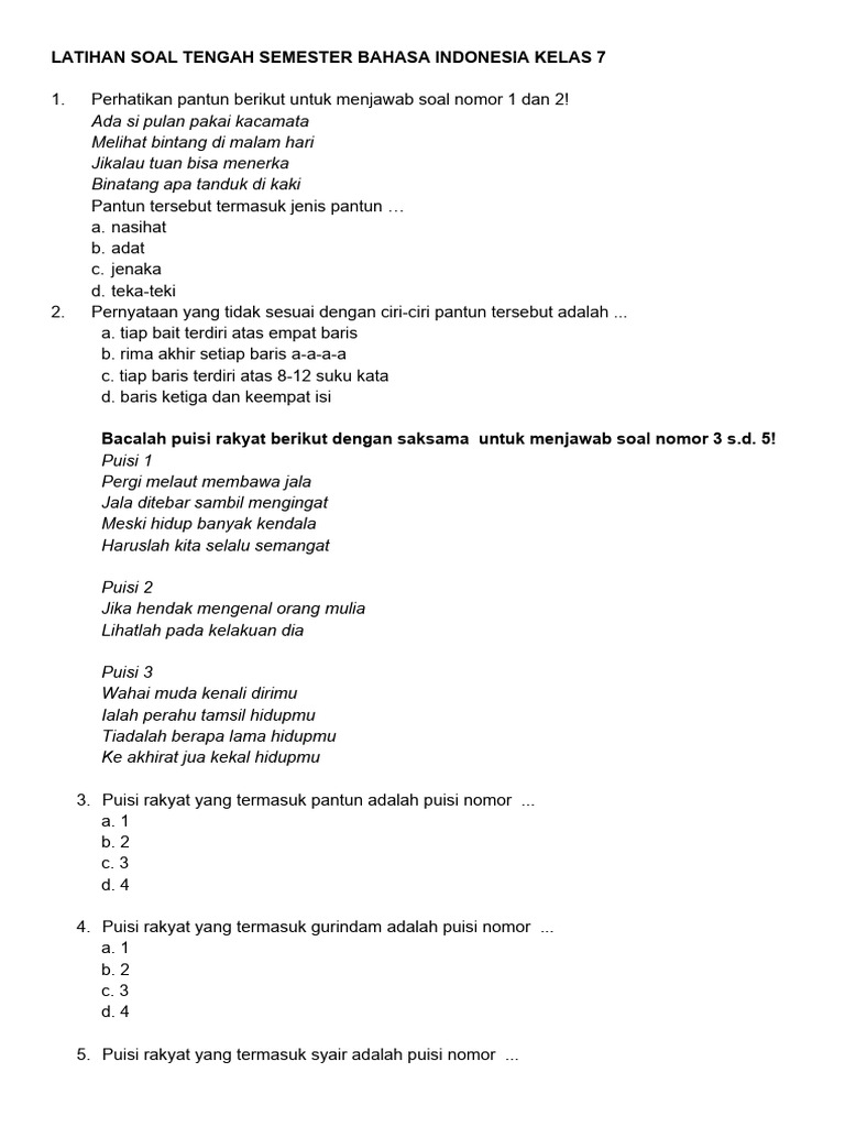 Latihan Soal Bindo Kelas 7 | PDF