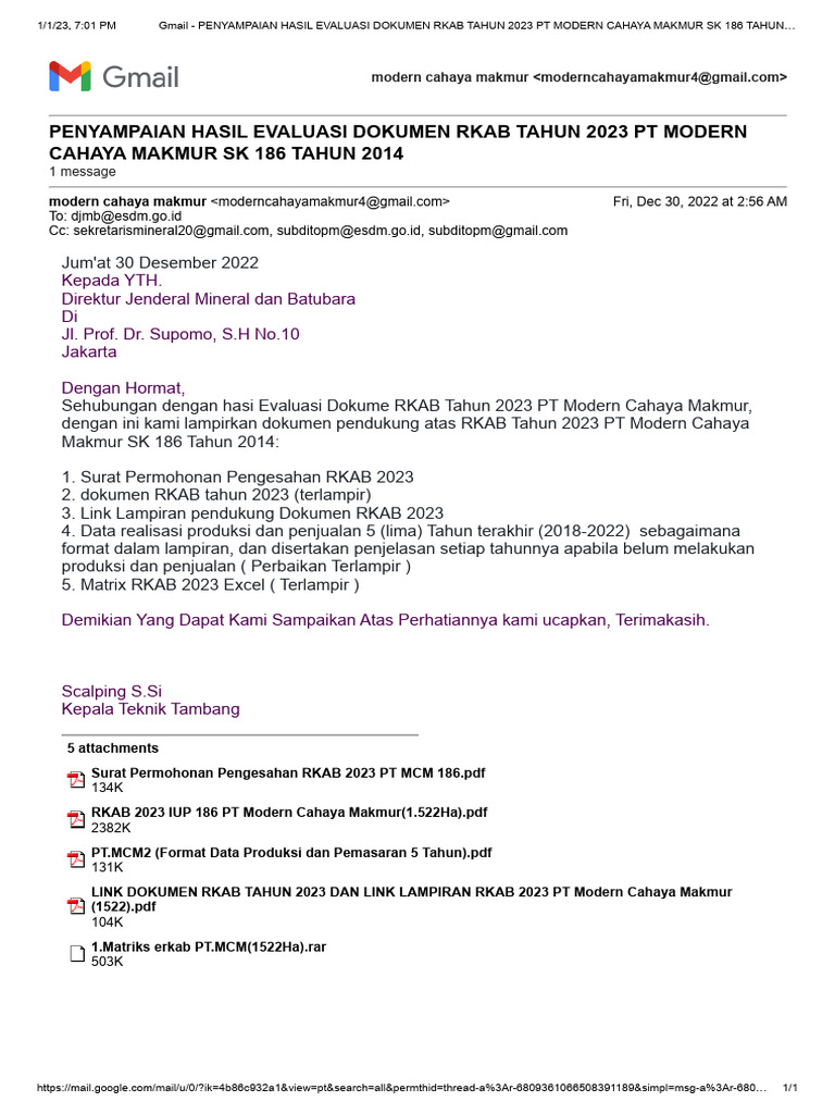 Gmail - PENYAMPAIAN HASIL EVALUASI DOKUMEN RKAB TAHUN 2023 PT MODERN ...
