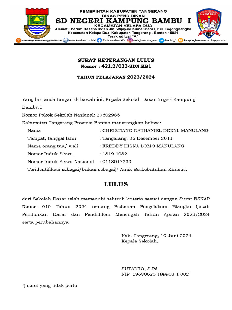 Surat Keterangan Lulus SD 2024 | PDF