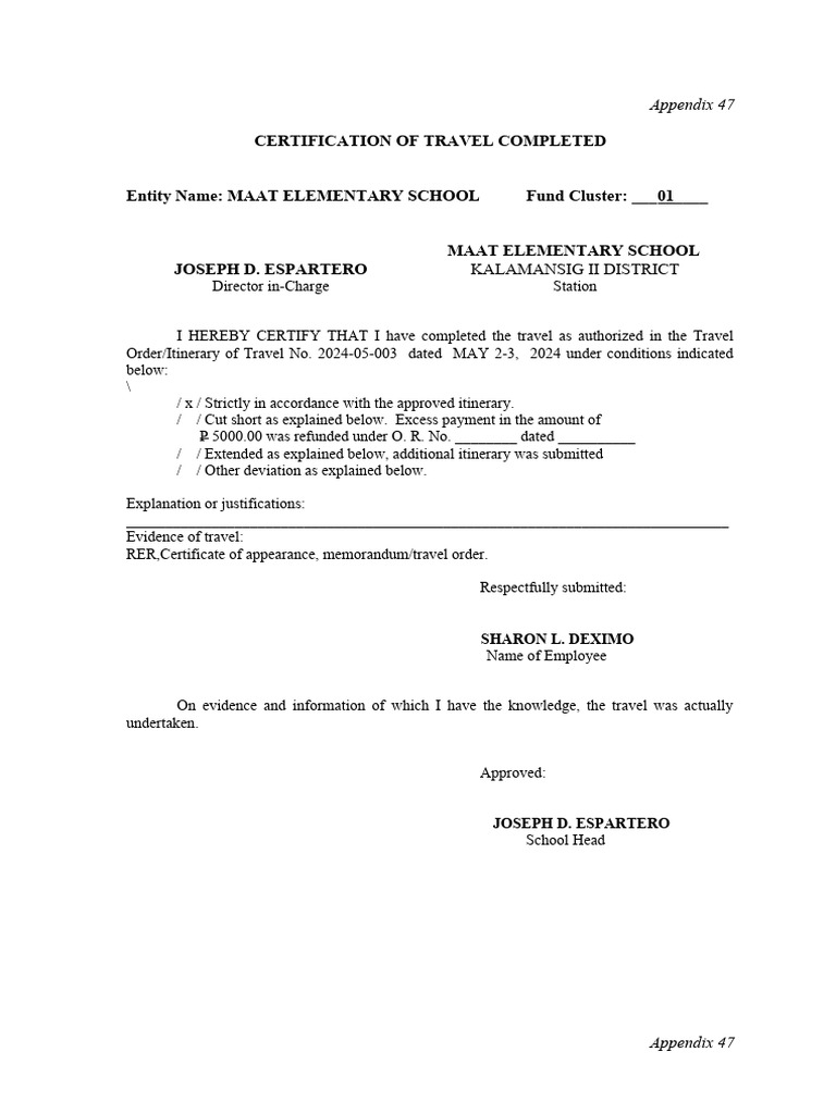Appendix 47 - TRAVEL COMPLETION | PDF