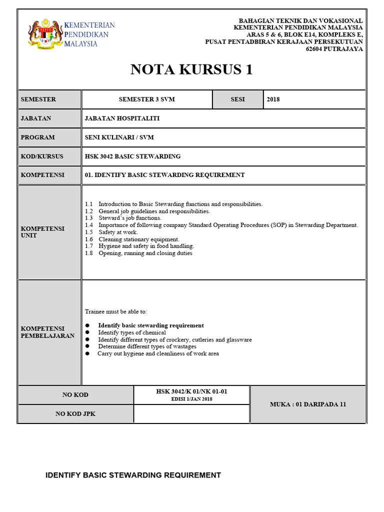 K1 Identify Basic Stewarding Requirement | PDF | Teknologi & Rekayasa
