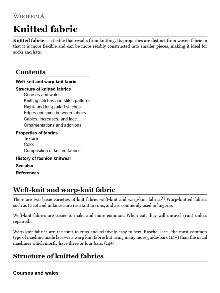 Knitted Fabric - Wikipedia | PDF | Knitting | Basic Knitted Fabrics