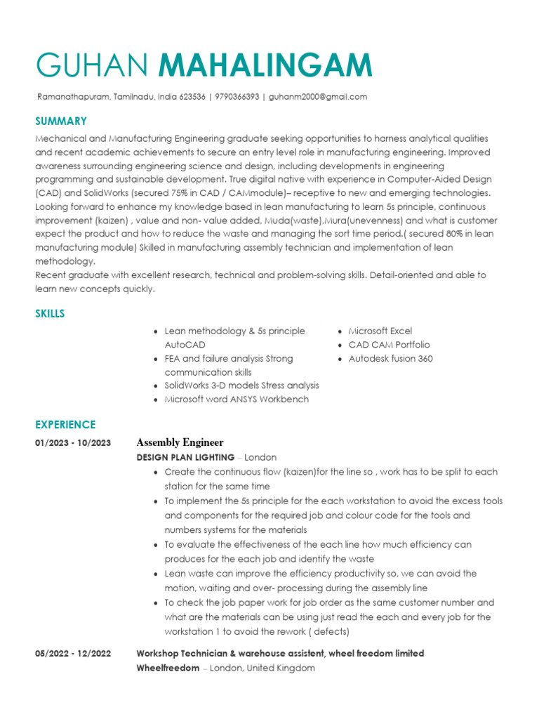 Guhan Mahalingam: Assembly Engineer | PDF | Engineering | Lean Manufacturing
