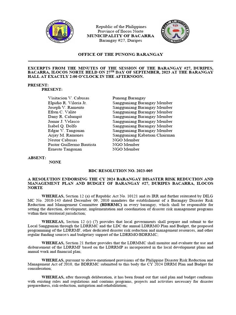 BDC Barangay Resolution BDRRMC 2024 27 DURIPES | PDF | Government BDC Barangay Resolution BDRRMC 2024 27 DURIPES | PDF | Government