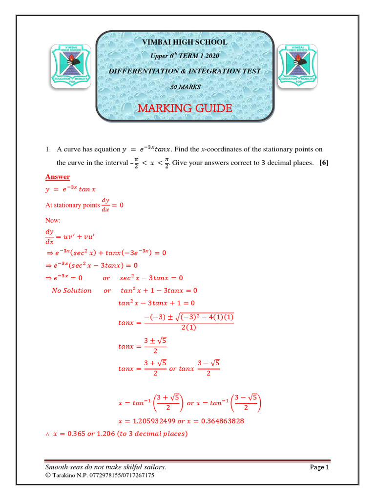 Answers - Test 1 Differentiation and Integration | PDF | Mathematical ...