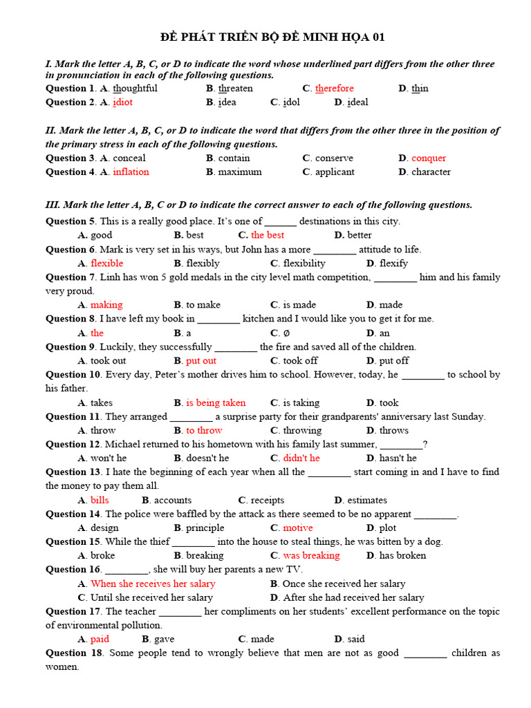 01. ĐỀ 1 - Chuẩn MH 2024 - T Anh - có Key chi tiết | PDF | Habitat | Sleep
