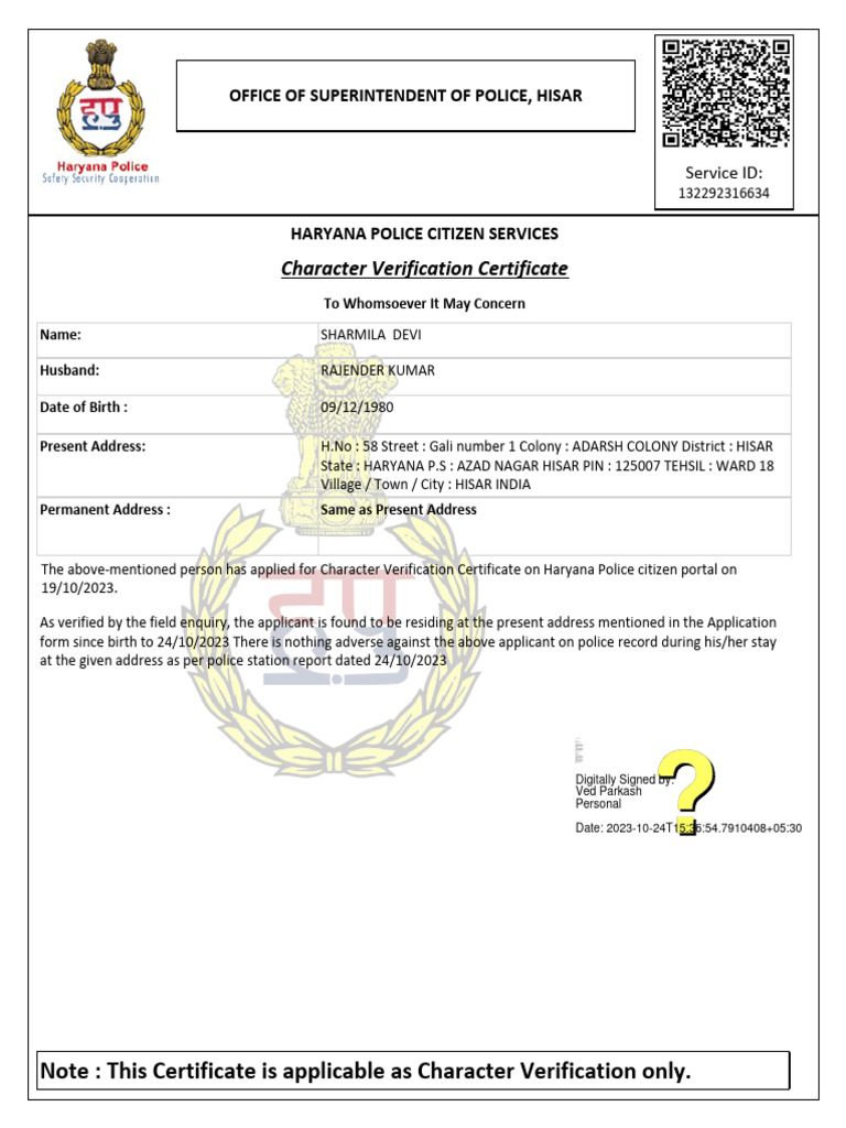 Character Verification Certificate: Office of Superintendent of Police ...